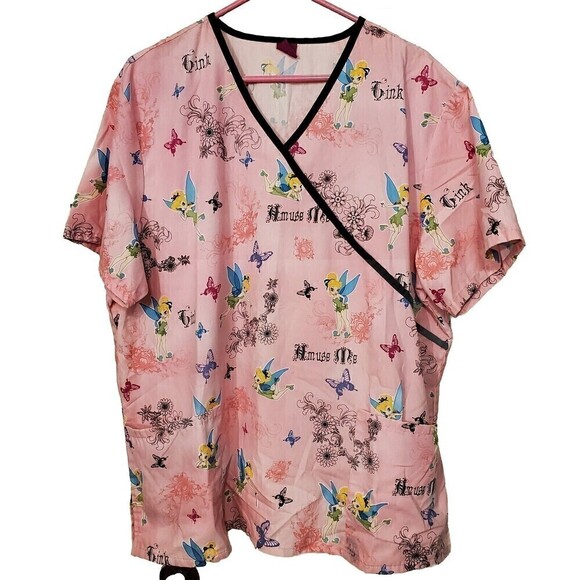 Disney | Tops | Disney Scrubs Nurse Large Tinkerbell Pink Medical Black ...